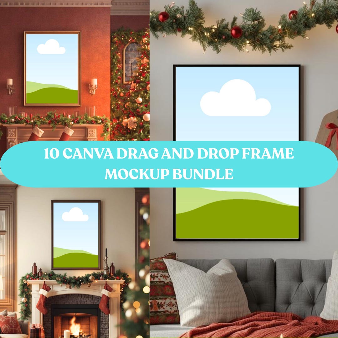10 Christmas Themed Drag and Drop Canva Mockup Painting or Poster Template, Art Gallery Showroom ...