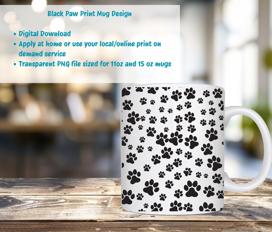 Black and White Full Wrap Paw Print Mug Design, Pet Mug Designs for ...