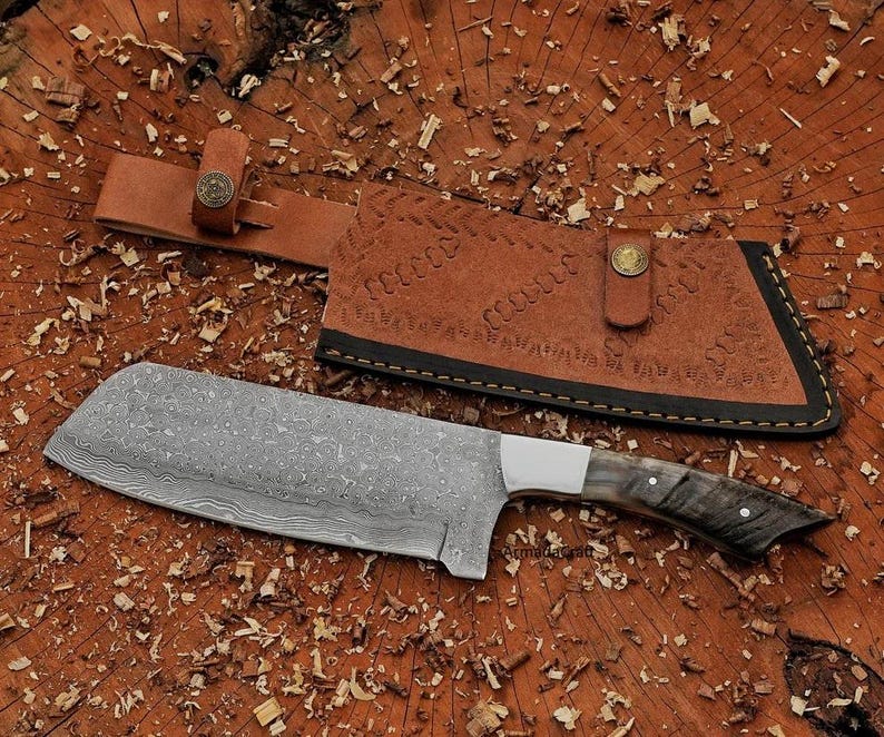 Handmade Damascus Steel Chef Cleaver Chopper Full Tang Kitchen Butcher ...