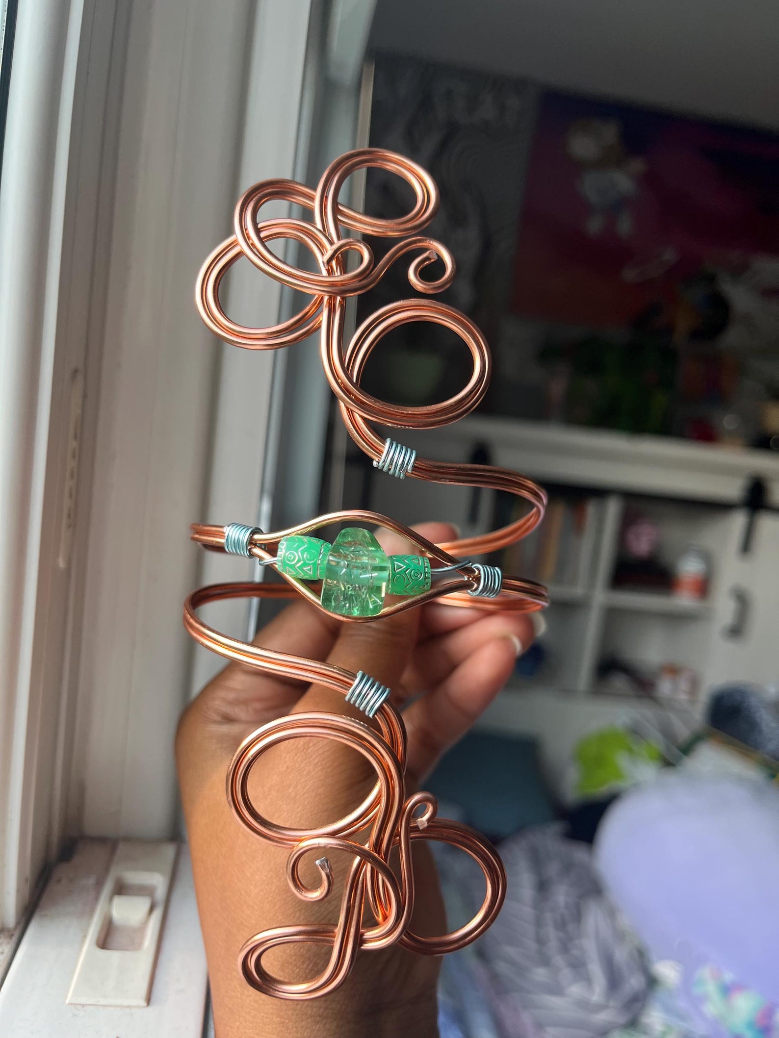 Rose Gold Arm Cuff With Light Blue Wire Detailing and Blue Beads - Etsy