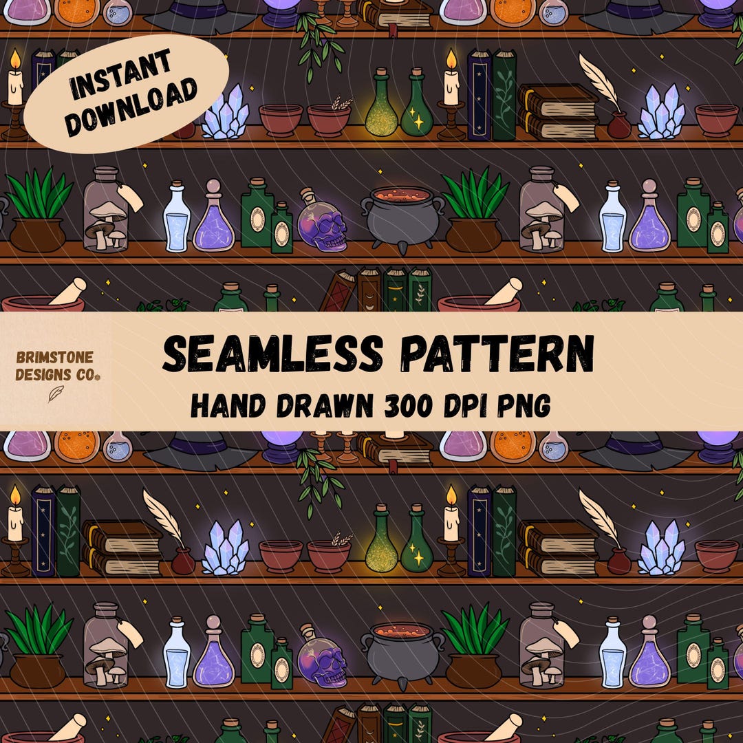 Witchy Potion Cabinet Seamless Pattern: Gothic Shelf Halloween ...