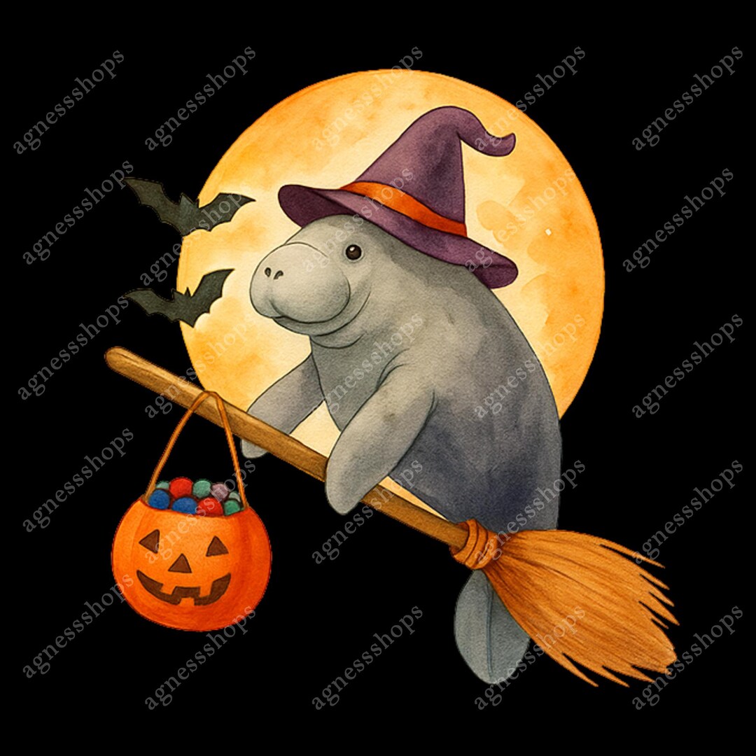 Manatee Witch Hat Pumpkin Halloween PNG File, Cute Manatee Halloween ...