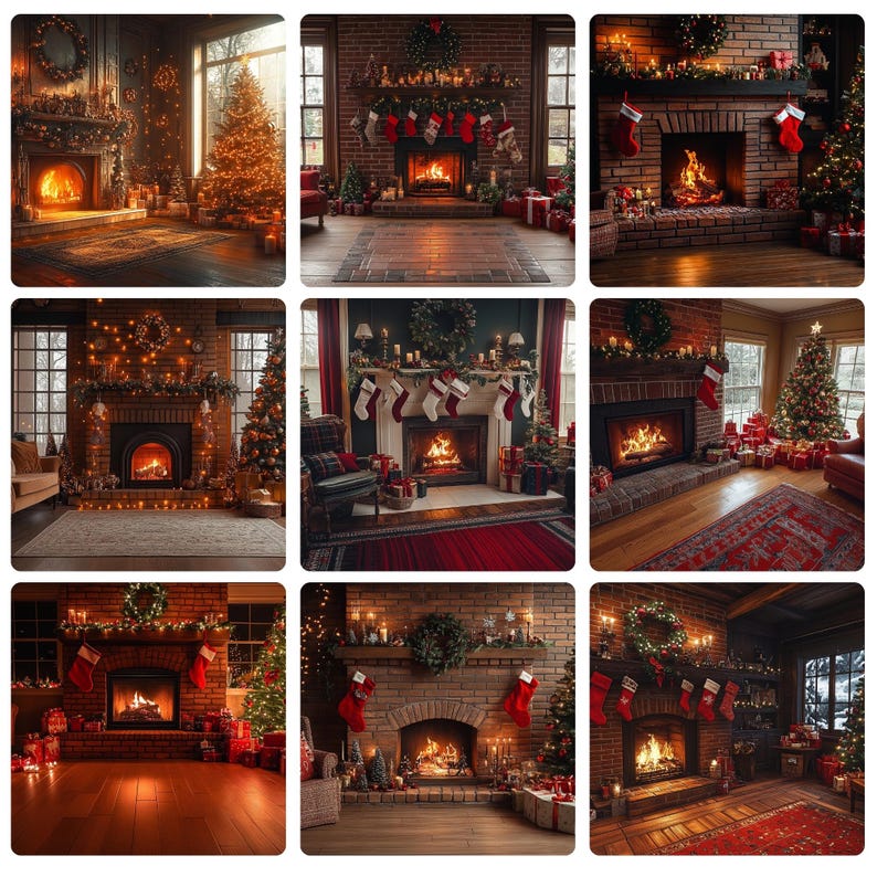 100 Christmas Fireplace Digital Backdrop: Holiday Background ...