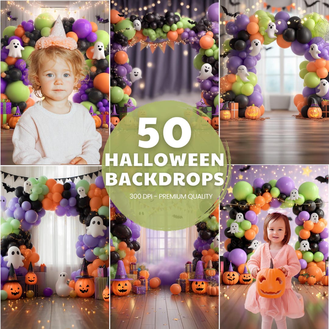 Halloween Balloon Arch Digital Backdrop: Neon Pumpkins and Ghosts (JPG ...