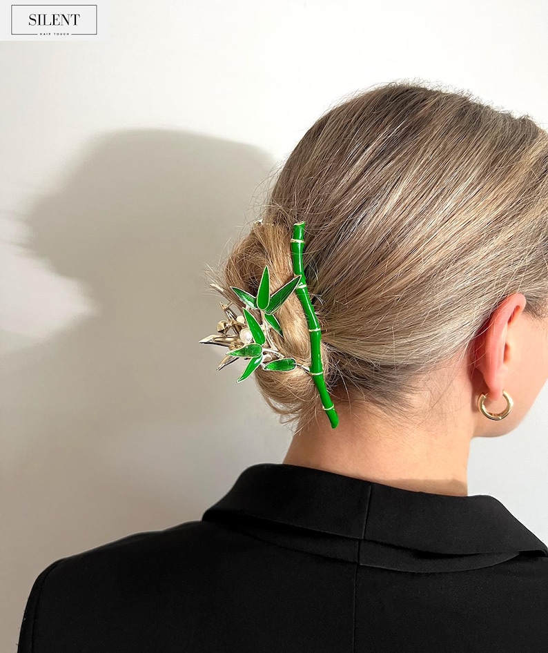Green Bamboo Hair Clip, Metal Leaf Hair Claw, Big Boho Hair Clamp ...