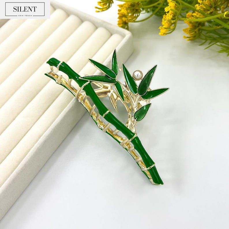 Green Bamboo Hair Clip, Metal Leaf Hair Claw, Big Boho Hair Clamp ...