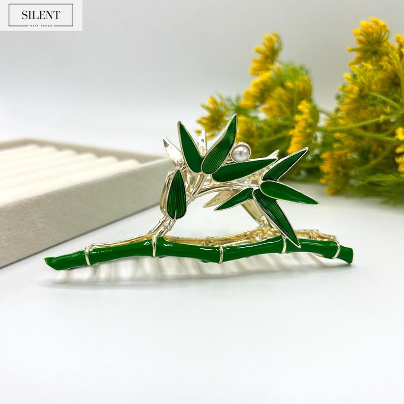 Green Bamboo Hair Clip, Metal Leaf Hair Claw, Big Boho Hair Clamp ...