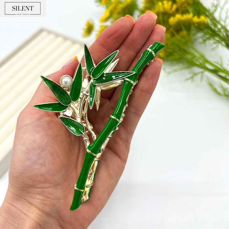 Green Bamboo Hair Clip, Metal Leaf Hair Claw, Big Boho Hair Clamp ...
