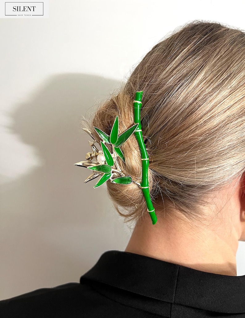 Green Bamboo Hair Clip, Metal Leaf Hair Claw, Big Boho Hair Clamp ...
