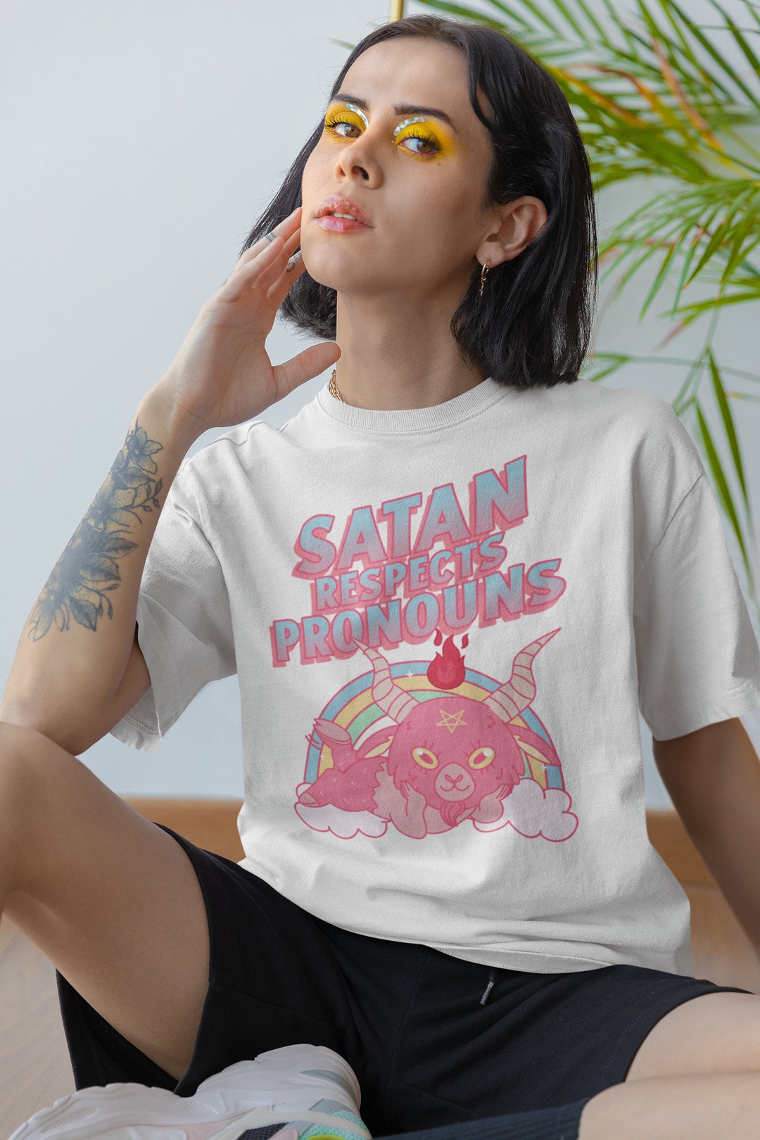 Satan Respects Pronouns Shirt, Cute Pink Baphomet, Trans Rights Shirt ...