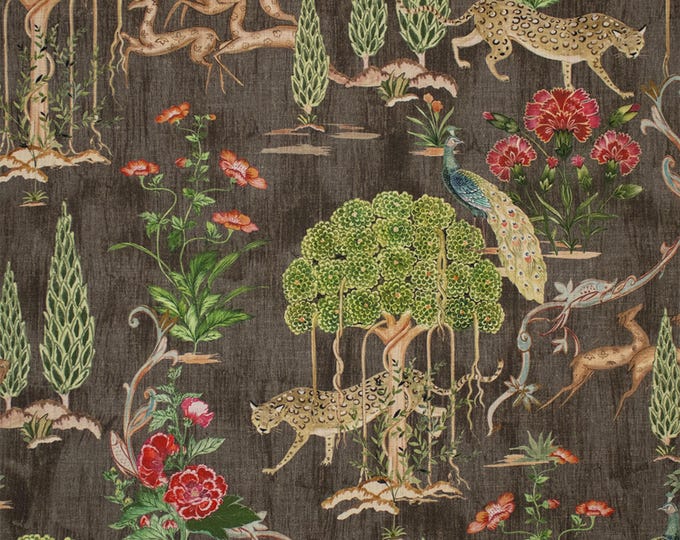 Exotic Dark Woodland Jungle Cotton Fabric by the Yard Leopards Peacocks ...