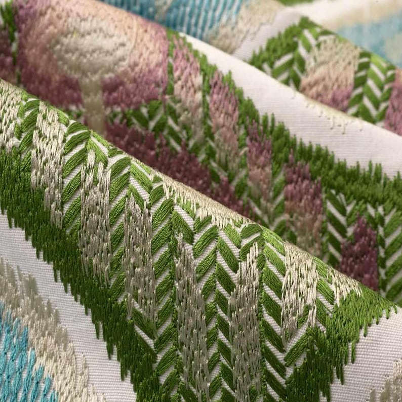 Large Scale Embroidered Fabric Lavender Green Aqua Teal Pattern Damask ...
