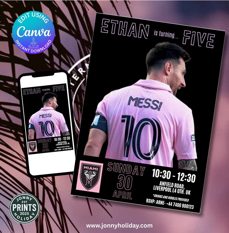 Lionel Messi Editable Inter Miami Birthday Invitation Soccer Party ...
