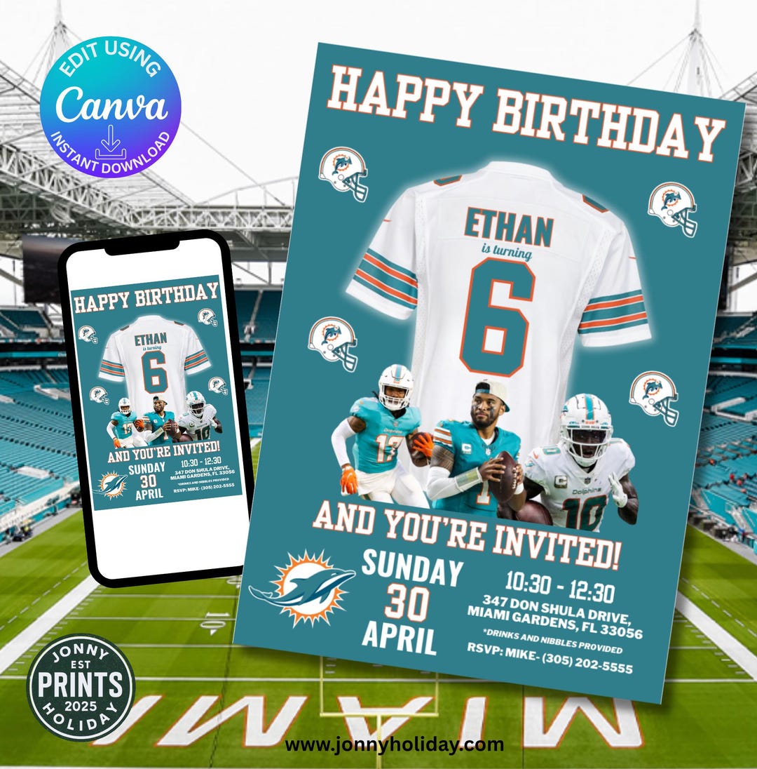 Miami Dolphins Editable - Birthday Dolphins Invitation NFL Party ...