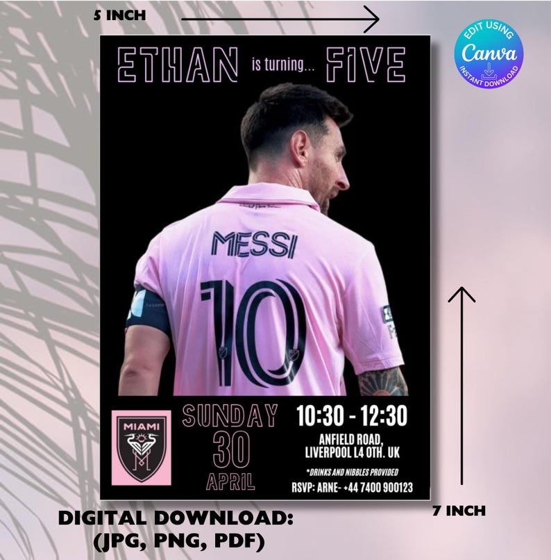 Lionel Messi Editable Inter Miami Birthday Invitation Soccer Party ...
