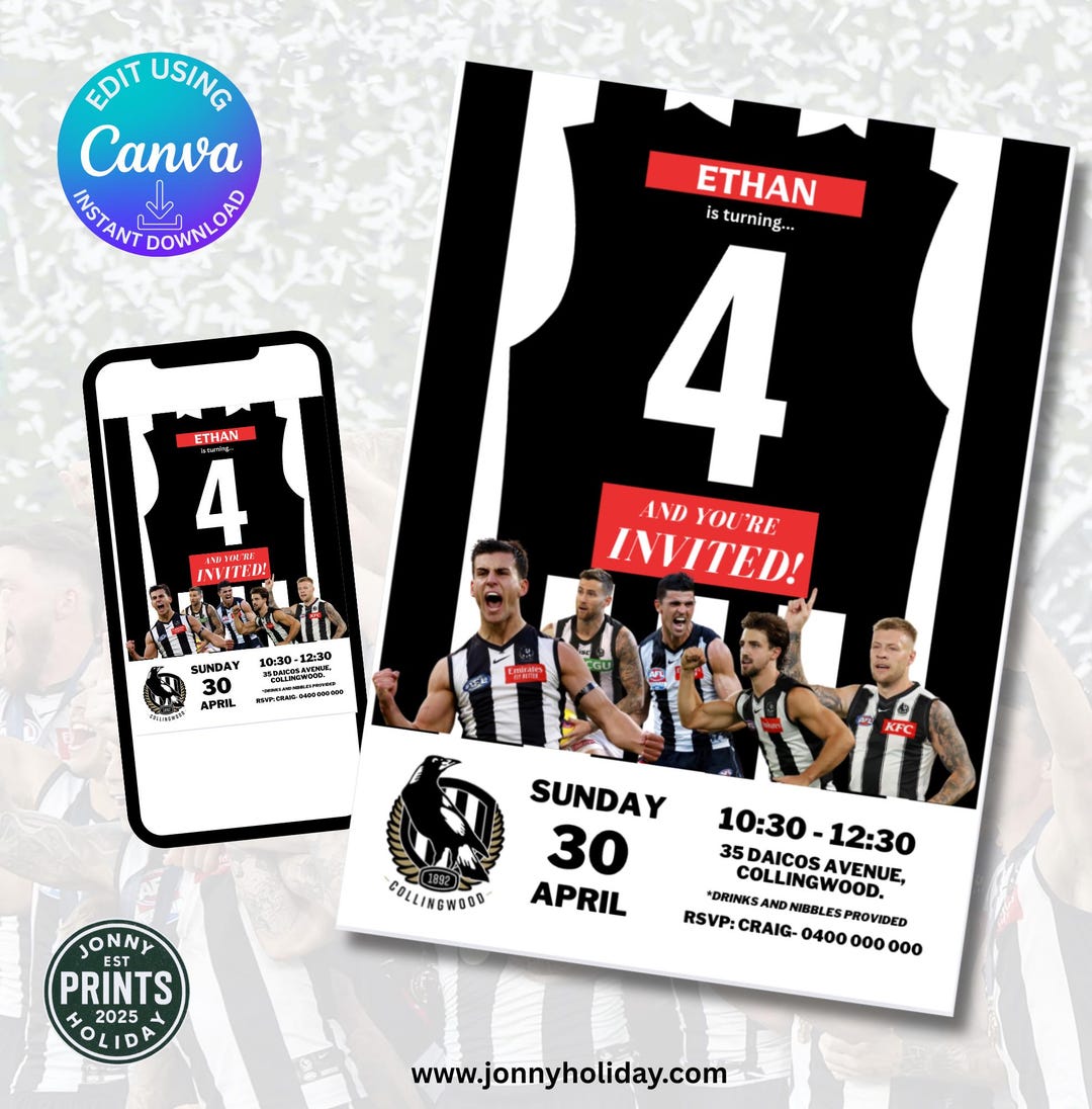 Collingwood Magpies- Birthday Invitation AFL Party Birthday Invitation ...