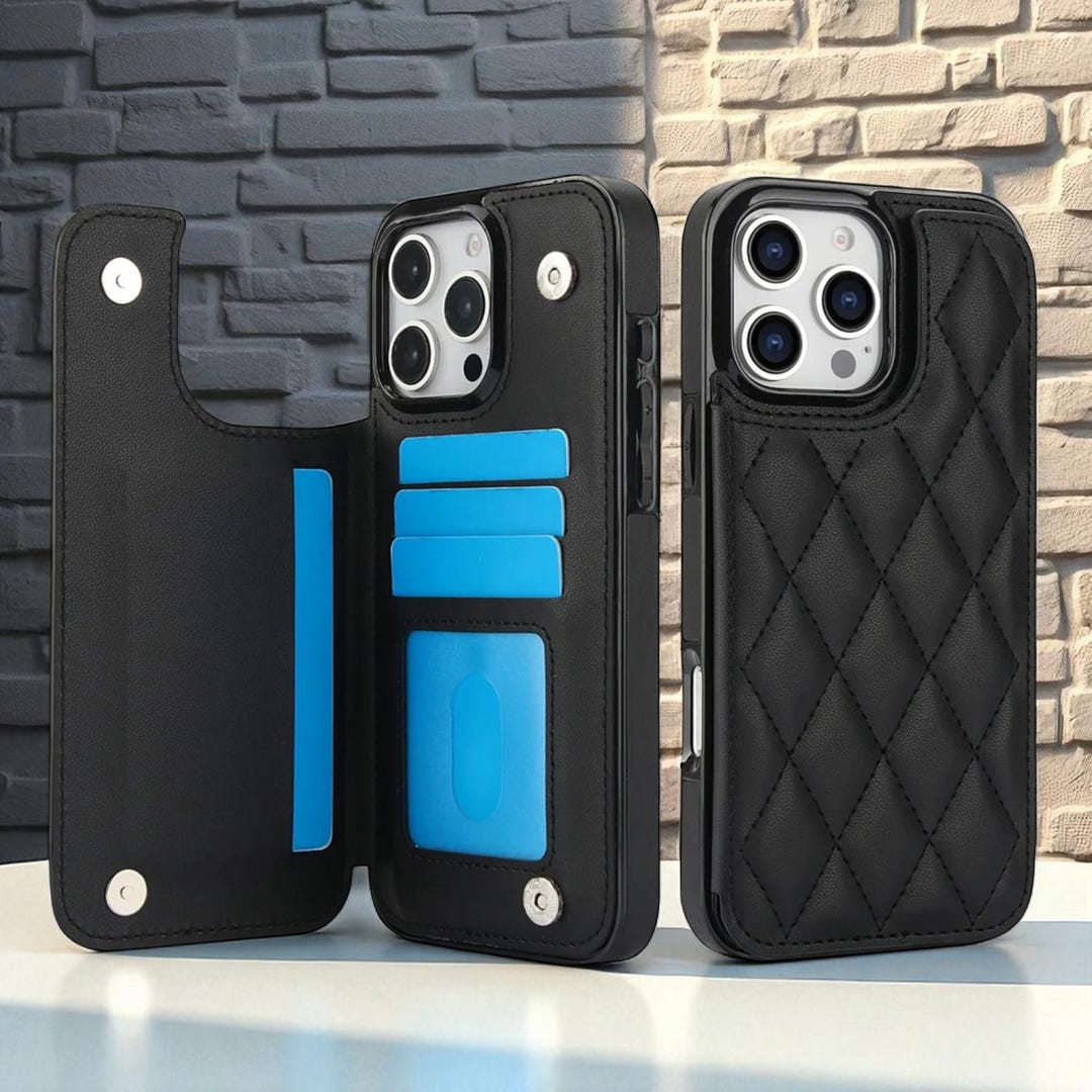 Quilted Leather Wallet iPhone Case: Magnetic Button Closure, Card Slots ...