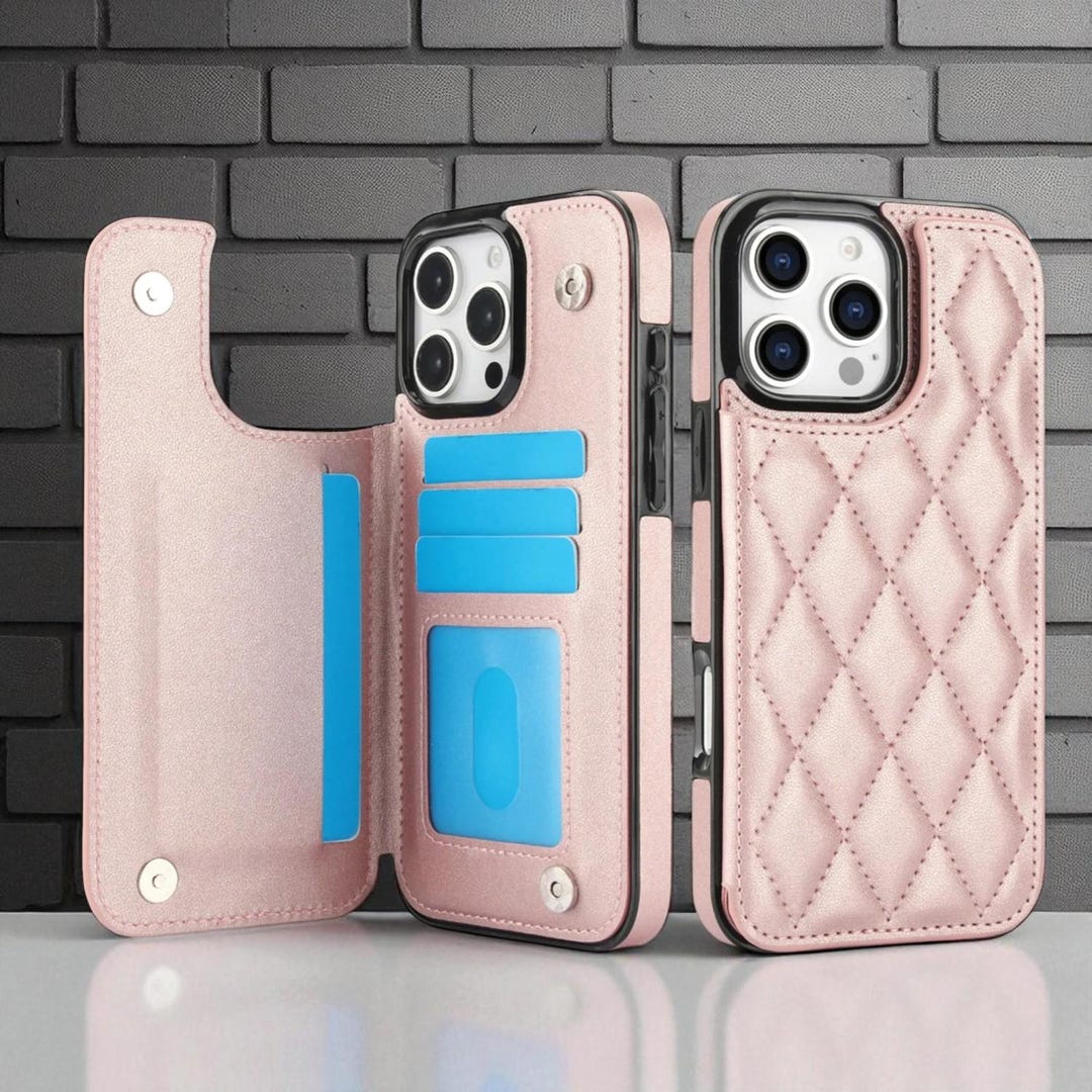 Quilted Leather Wallet iPhone Case: Magnetic Button Closure, Card Slots ...