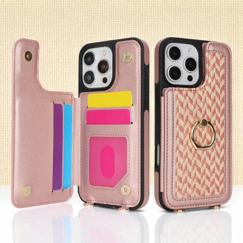 Elegant Diagonal Pattern Crossbody iPhone Case: Wallet Flip Cover, Ring ...