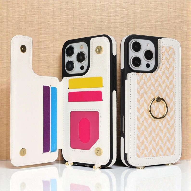 Elegant Diagonal Pattern Crossbody iPhone Case: Wallet Flip Cover, Ring ...