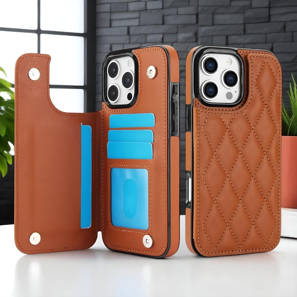 Quilted Leather Wallet iPhone Case: Magnetic Button Closure, Card Slots ...