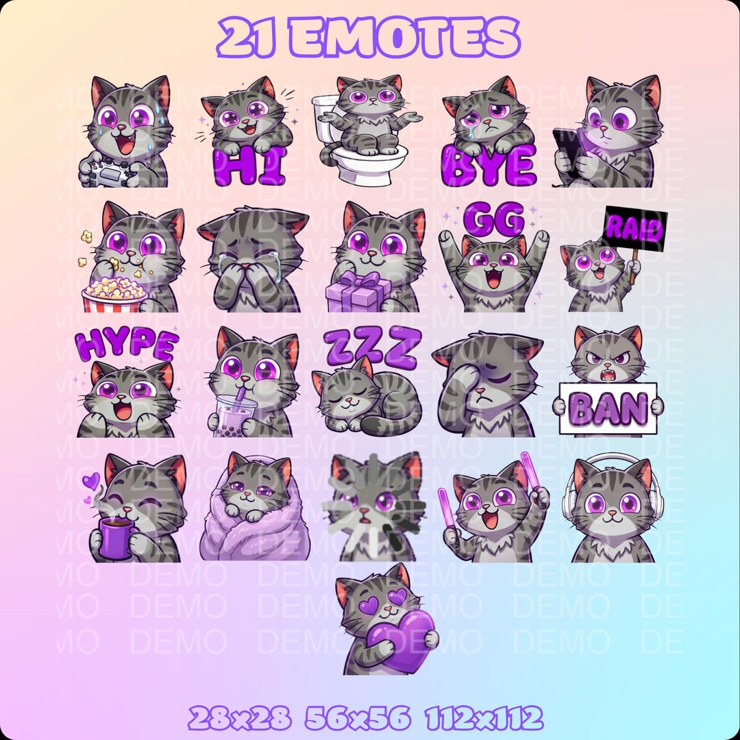Émoticônes Twitch | Lot de chats tigrés gris | 21 émoticônes | Inclut ...
