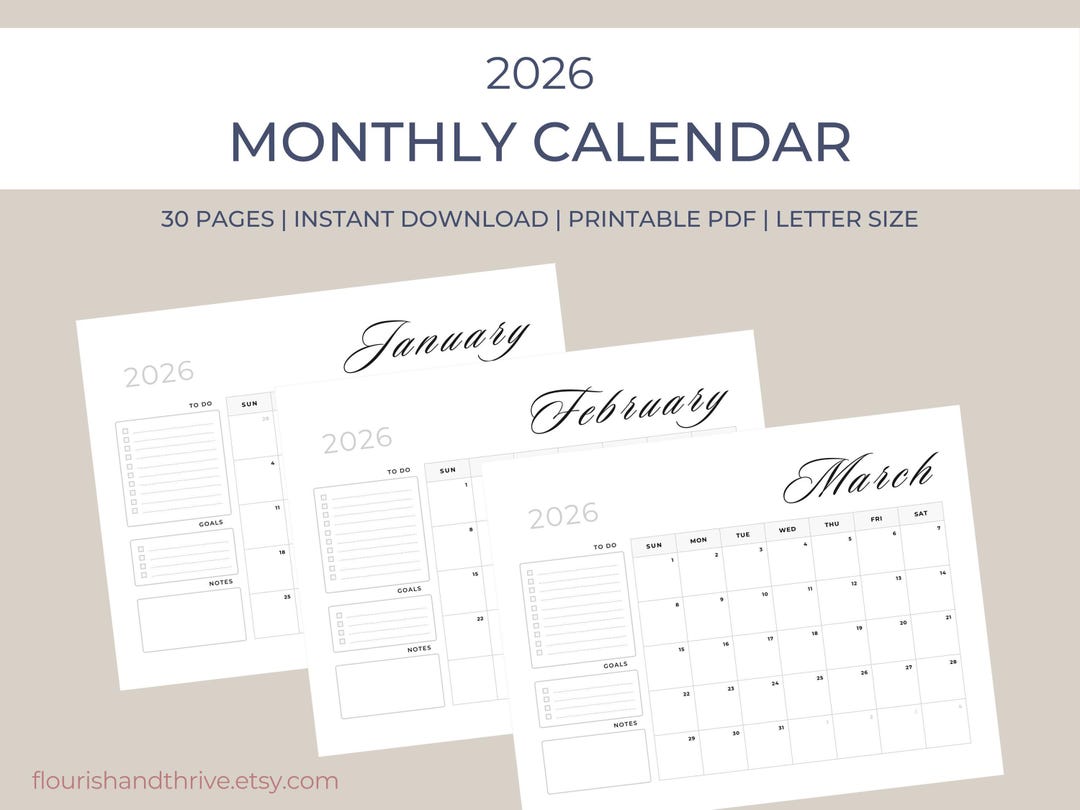 2026 Printable Calendar Minimalist Design Elegant Stationery Digital ...