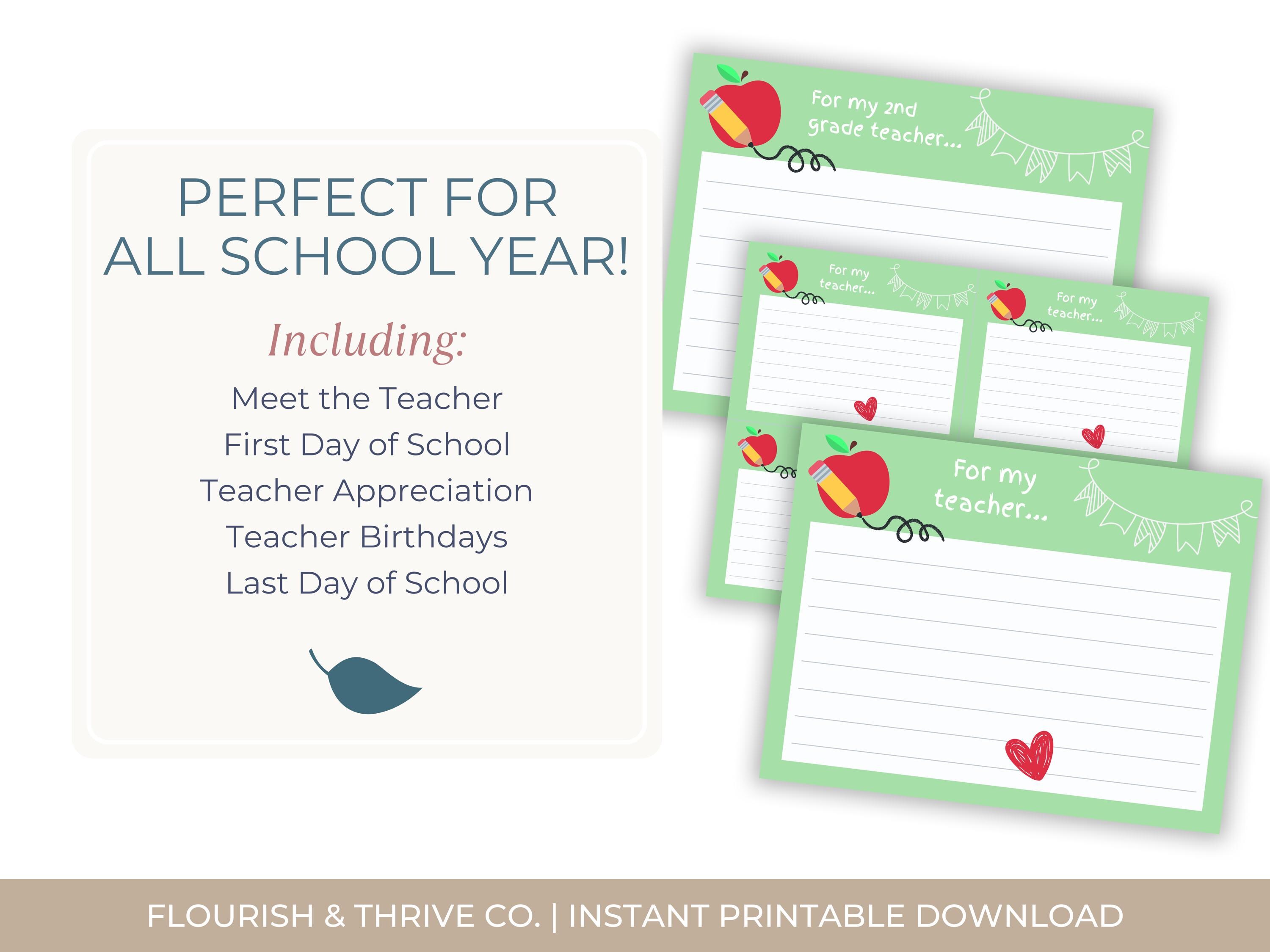 Printable Teacher Note Cards: Back to School Thank You (PDF Download ...