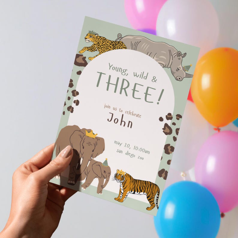 Young Wild Three Birthday Invitation – Zoo Animals Cheetah Canva ...