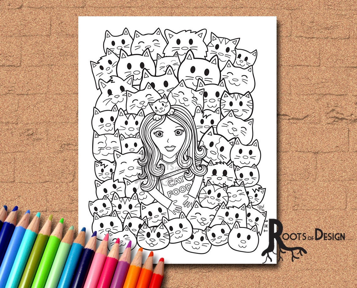 INSTANT DOWNLOAD Coloring Page - Crazy Cat Lady, Doodle Art, Printable ...