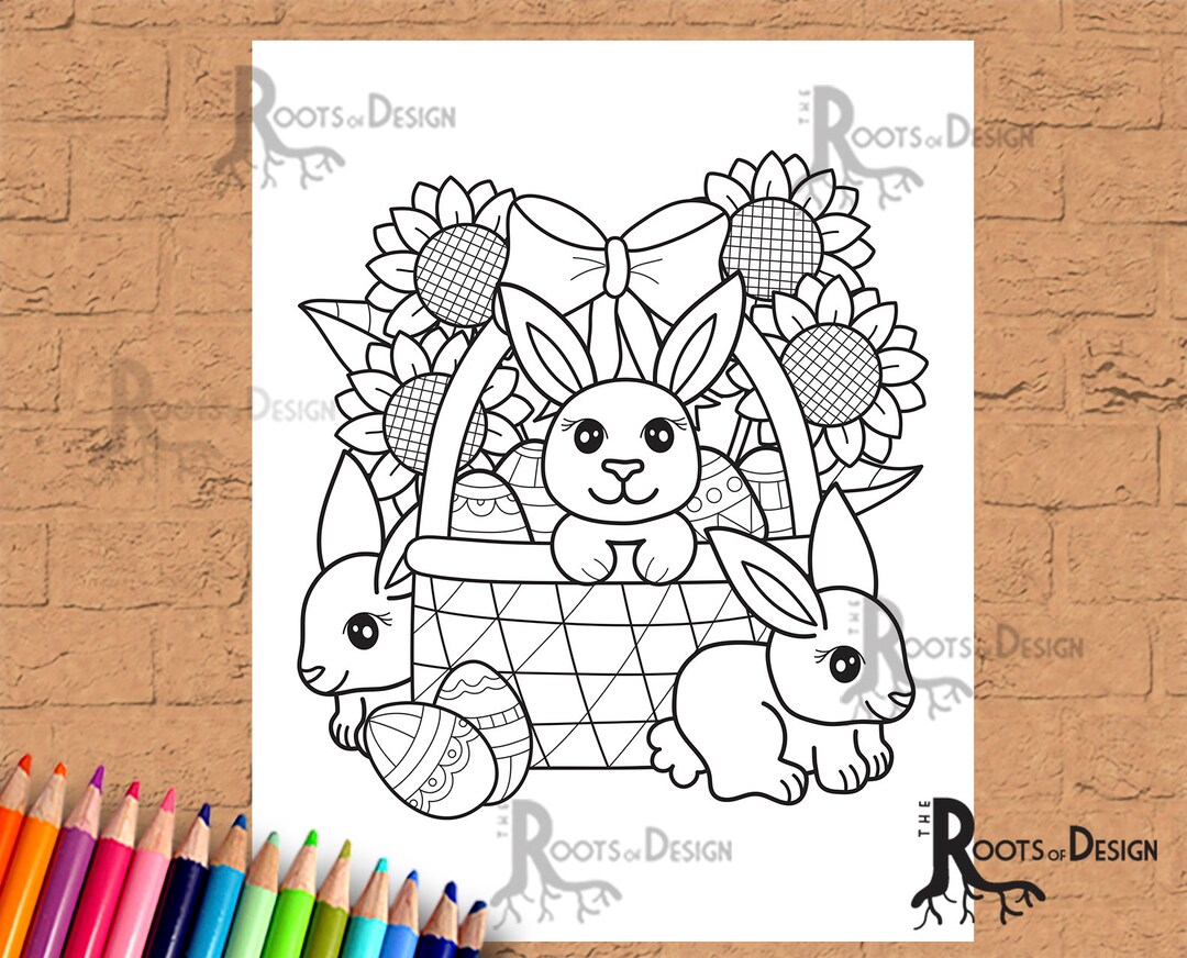 INSTANT DOWNLOAD Coloring Page - Cute Easter Bunnies in Basket Doodle ...