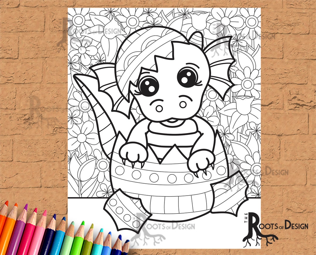 INSTANT DOWNLOAD Coloring Page - Cute Baby Dragon in Easter Egg Doodle ...