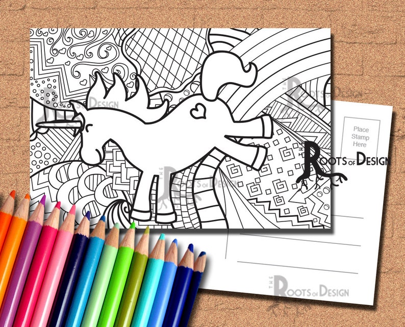 INSTANT DOWNLOAD Coloring Postcard Page - Rainbow and Unicorn Color ...