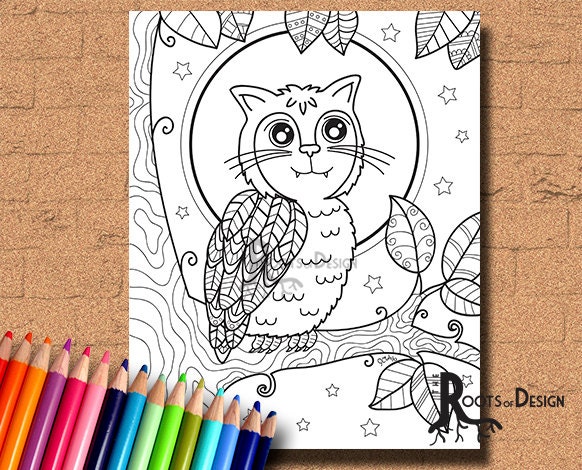 INSTANT DOWNLOAD Coloring Page Owl-cat Art Coloring Print, Doodle Art ...