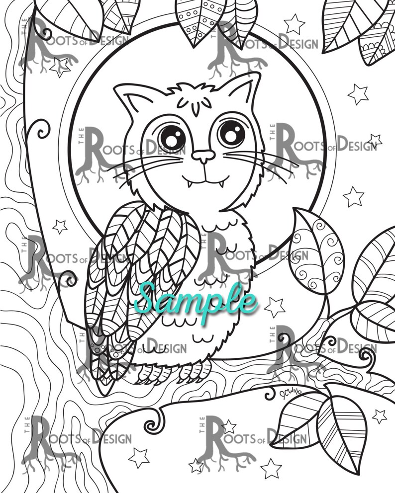 INSTANT DOWNLOAD Coloring Page Owl-cat Art Coloring Print, Doodle Art ...