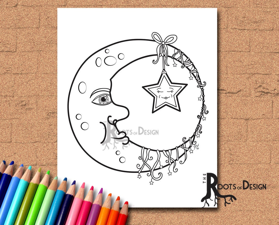 INSTANT DOWNLOAD Coloring Page - Moon Art Coloring Print, Doodle Art ...