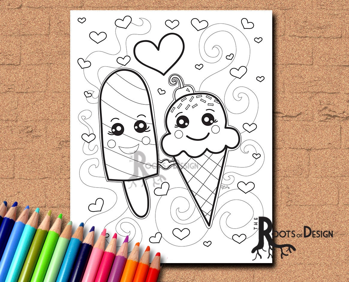 INSTANT DOWNLOAD Coloring Page - Ice Cream and Popsicle in Love Art ...
