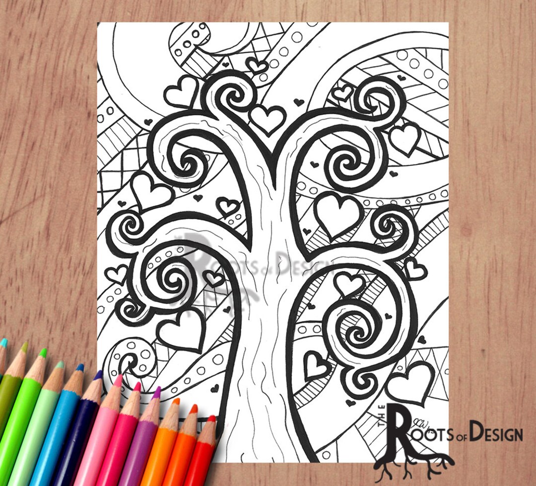 INSTANT DOWNLOAD Coloring Page - Heart Tree Print Zentangle Inspired ...