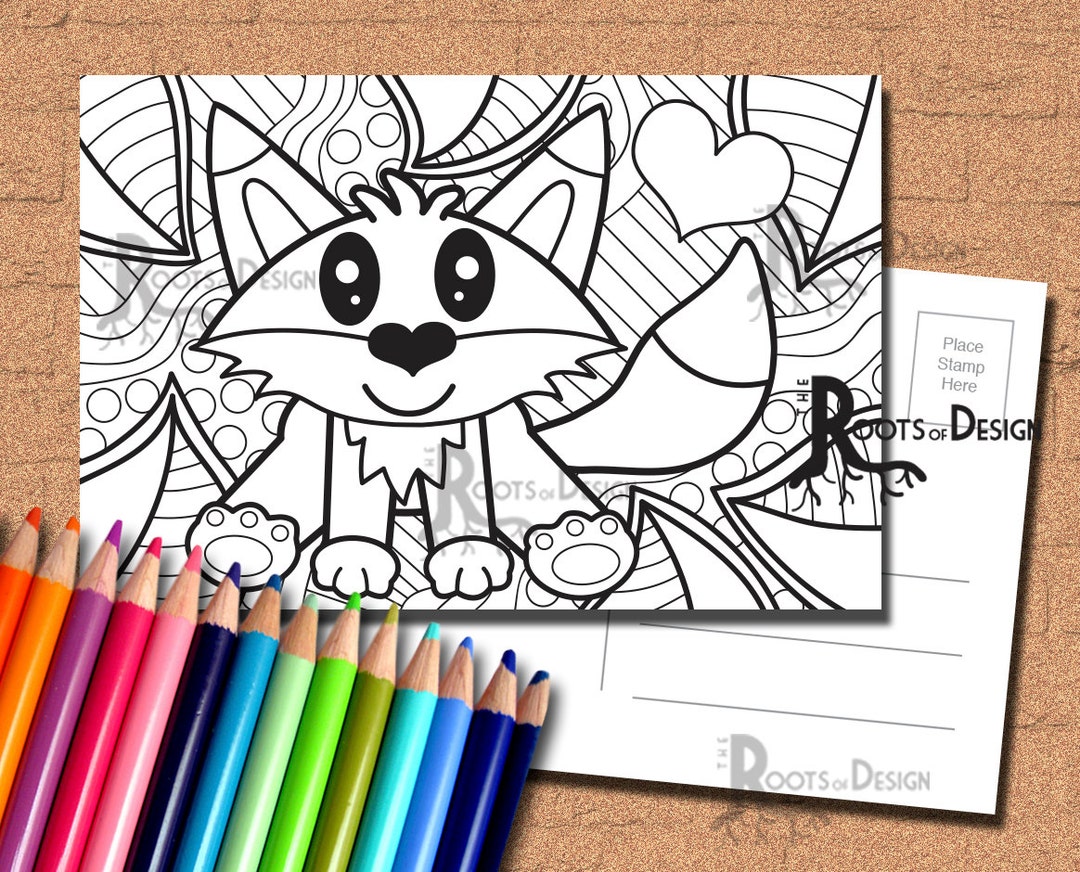 INSTANT DOWNLOAD Coloring Postcard Page - Cute Fox Color Your Own Fun ...