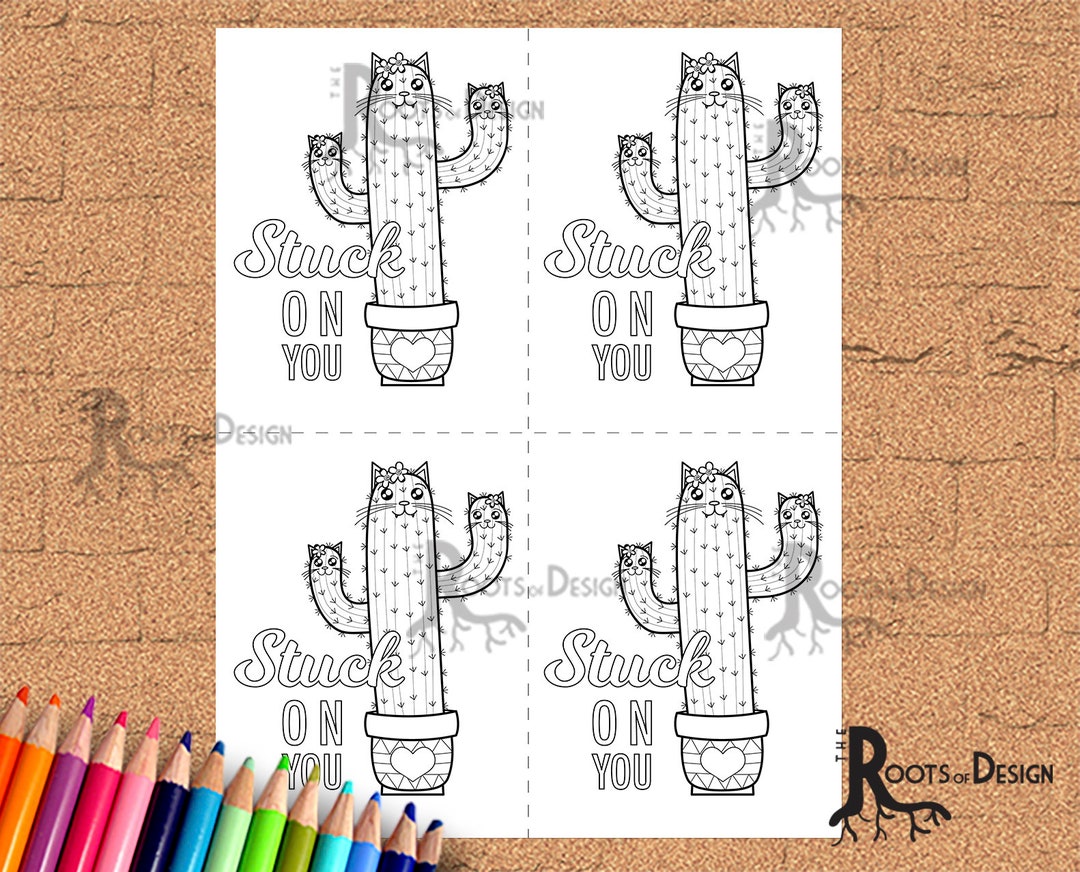 Instant Download- Cute Cat-tus (cactus) Valentine Card for Coloring ...