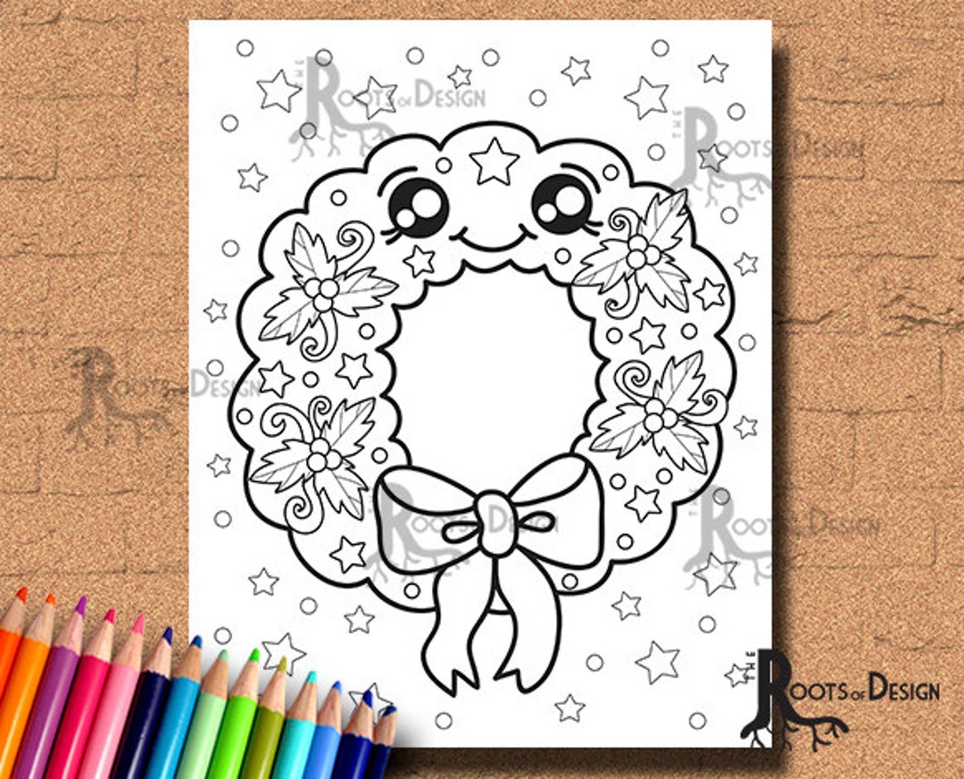 INSTANT DOWNLOAD Cute Chibi Christmas Wreath Page Print, Doodle Art ...
