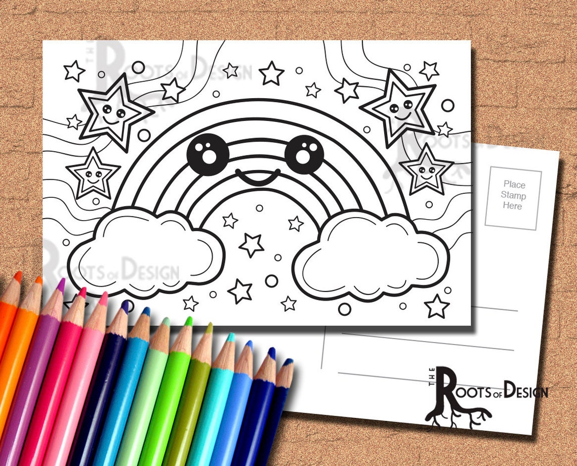 INSTANT DOWNLOAD Coloring Postcard Page - Rainbow and Unicorn Color ...