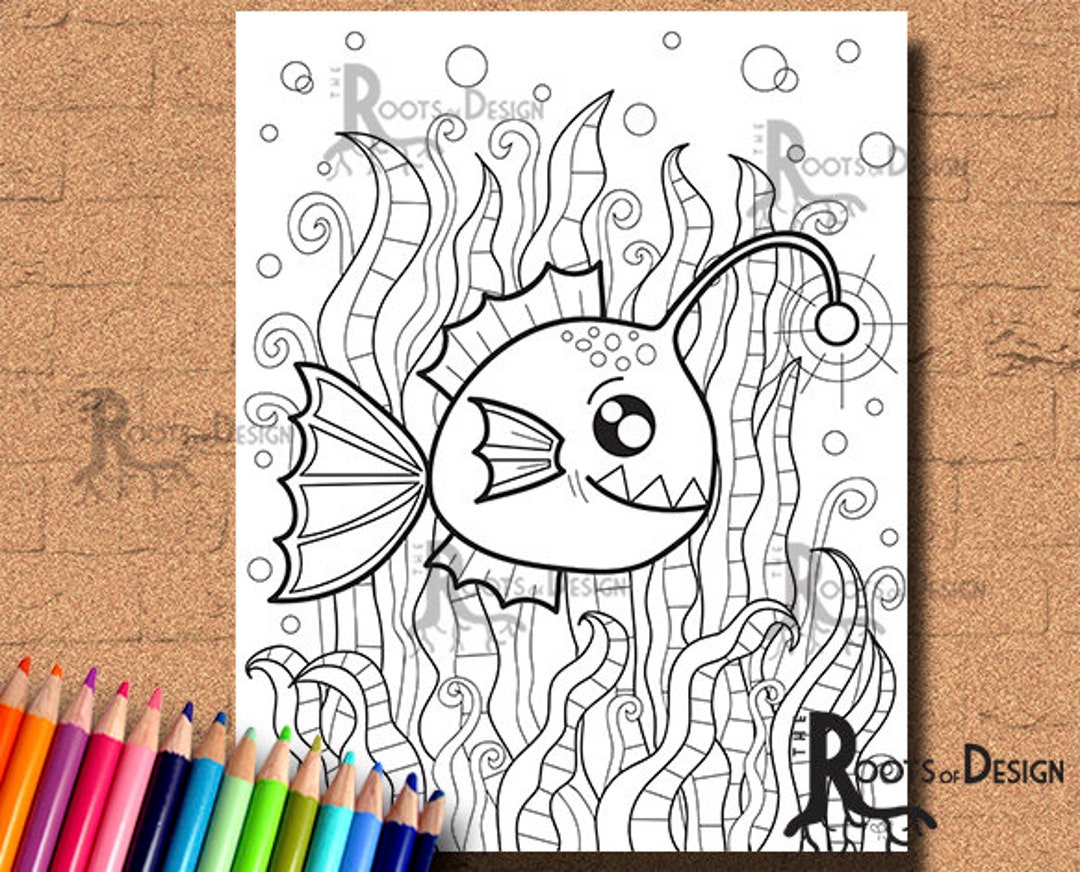 INSTANT DOWNLOAD Coloring Page - Angler Fish, Doodle Art, Adult ...