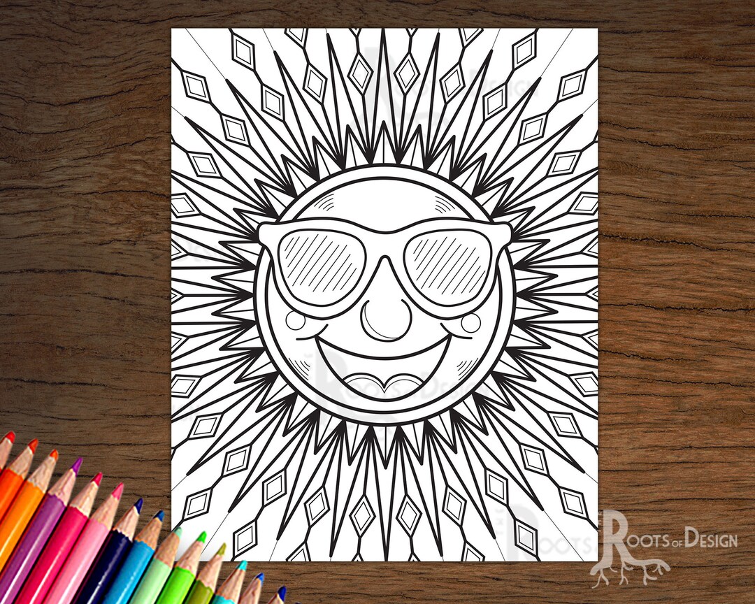 INSTANT DOWNLOAD Coloring Page - Happy Sun With Sunglasses, Doodle Art ...