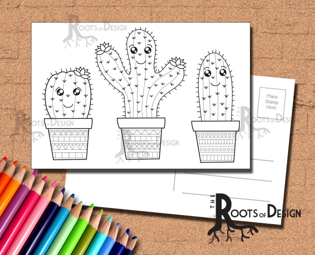 INSTANT DOWNLOAD Coloring Postcard Page - Cute Cactus Color Your Own ...