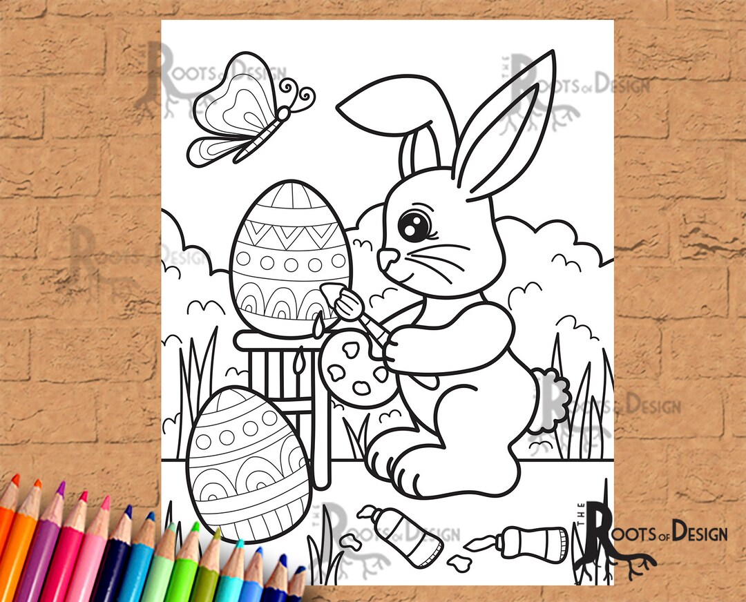 INSTANT DOWNLOAD Coloring Page - Easter Bunny Painting Eggs, Doodle Art ...
