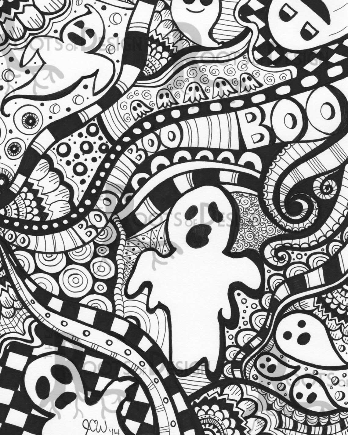 INSTANT DOWNLOAD Coloring Page - Ghost Art Print Zentangle Inspired ...