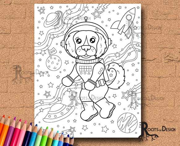 INSTANT DOWNLOAD Coloring Page Space Dog doodle art | Etsy