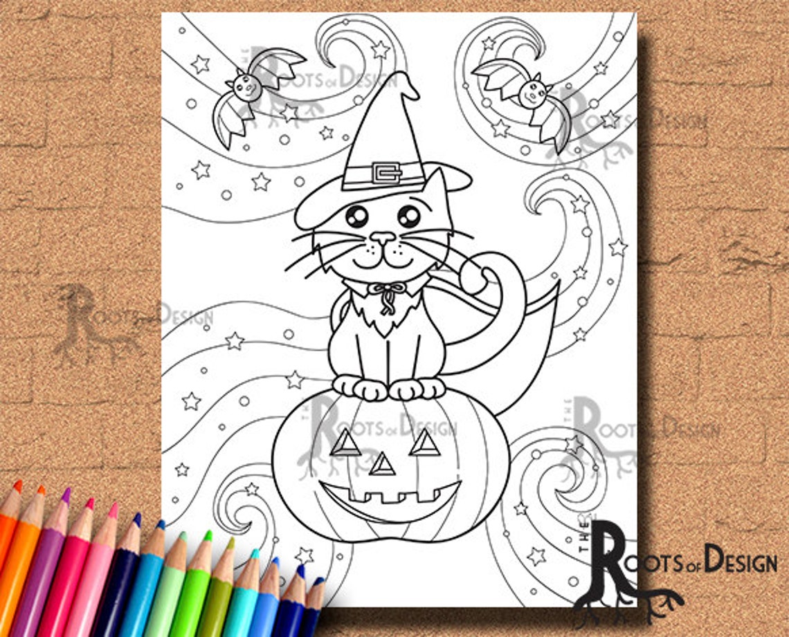 INSTANT DOWNLOAD Coloring Cat Witch Coloring Page Print | Etsy