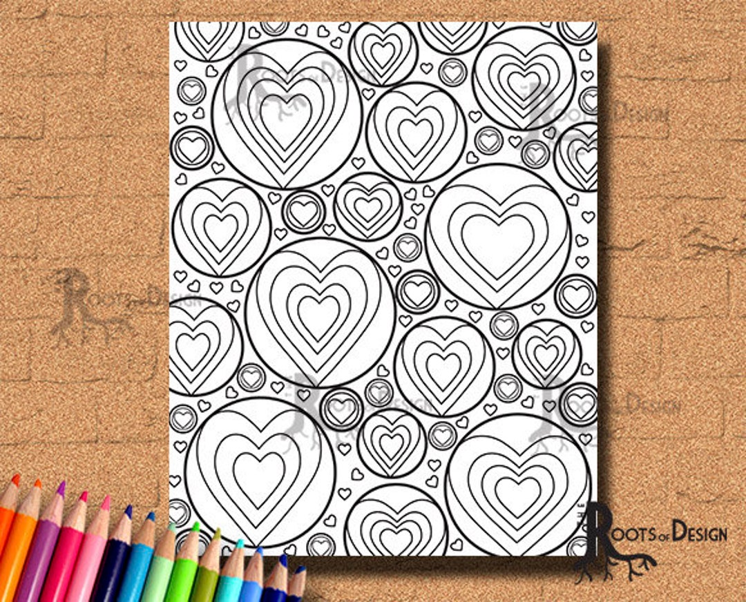 INSTANT DOWNLOAD Coloring Page -hearts in Circles Art Coloring Print ...
